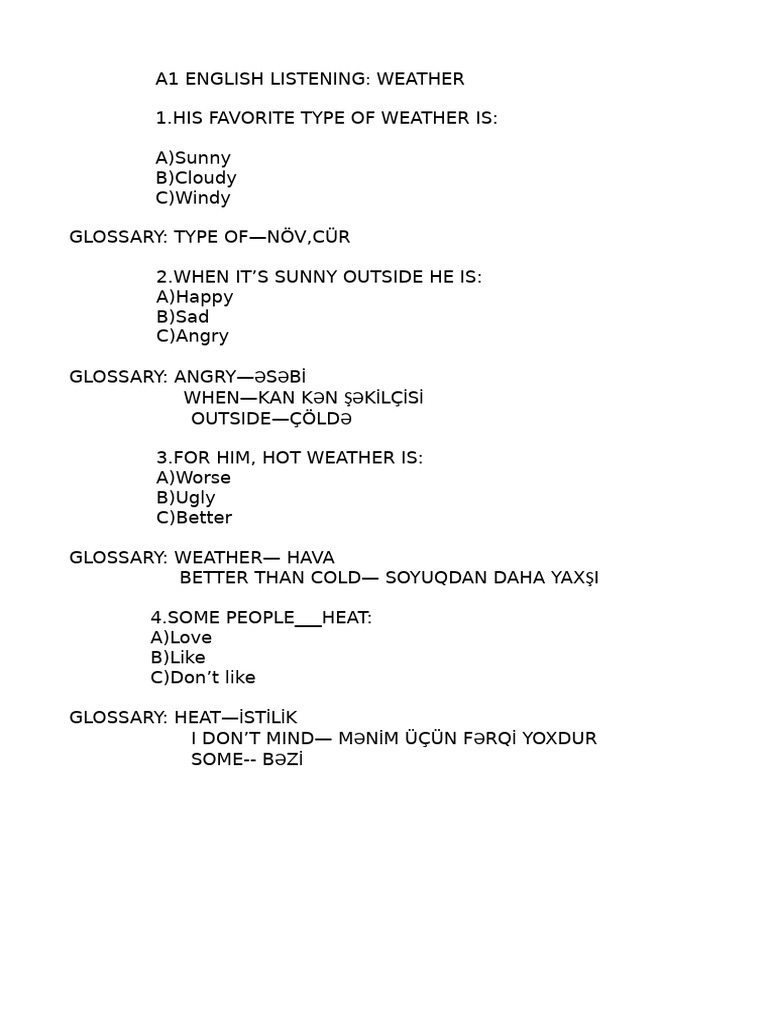 A1 English Listening Weather | PDF