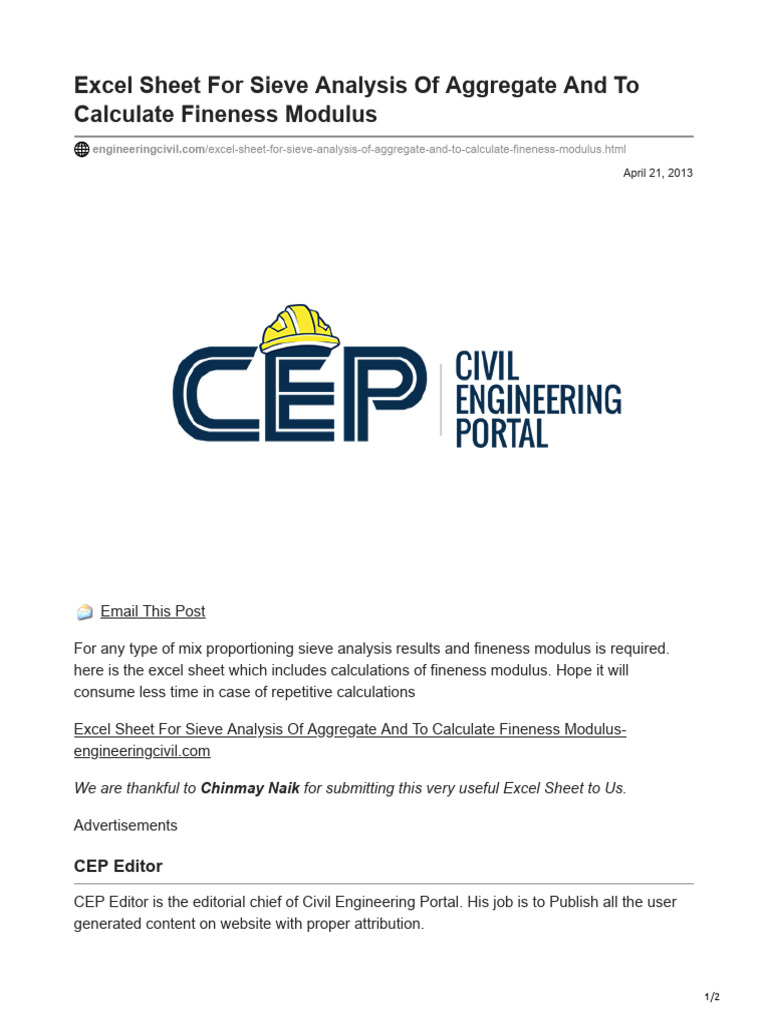 Excel Sheet For Sieve Analysis of Aggregate and To Calculate Fineness Modulus | PDF