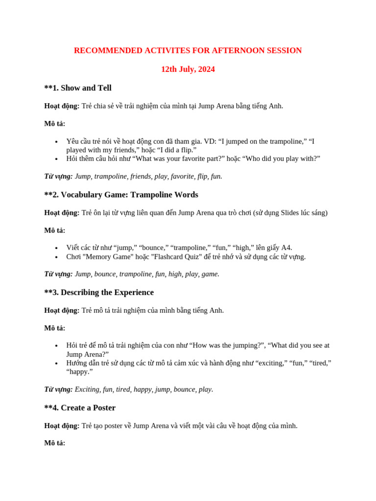 Summer Camp - Recommended Activites For Afternoon Session | PDF