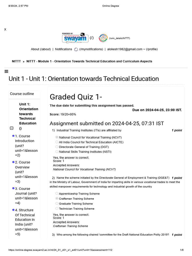 Graded Quiz 1-: Unit 1 - Unit 1: Orientation Towards Technical Education | PDF