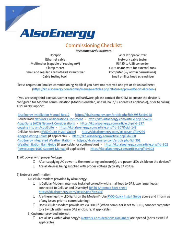 Site Commissioning Checklist (One Page Version) | PDF