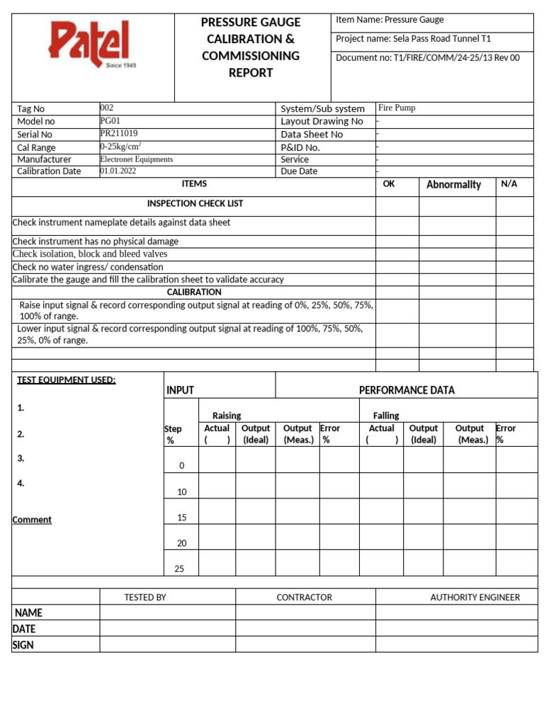 Pressure Gauge Calibration Report | PDF | Calibration