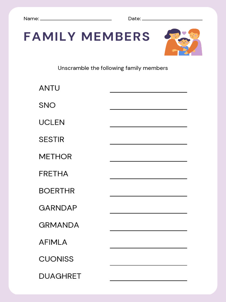 Family Members Word Scramble Worksheet in Colorful Simple Style | PDF