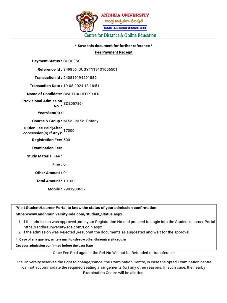 In Case of Any Queries, Write A Mail To Sdeauvsp@andhrauniversity - Edu ...