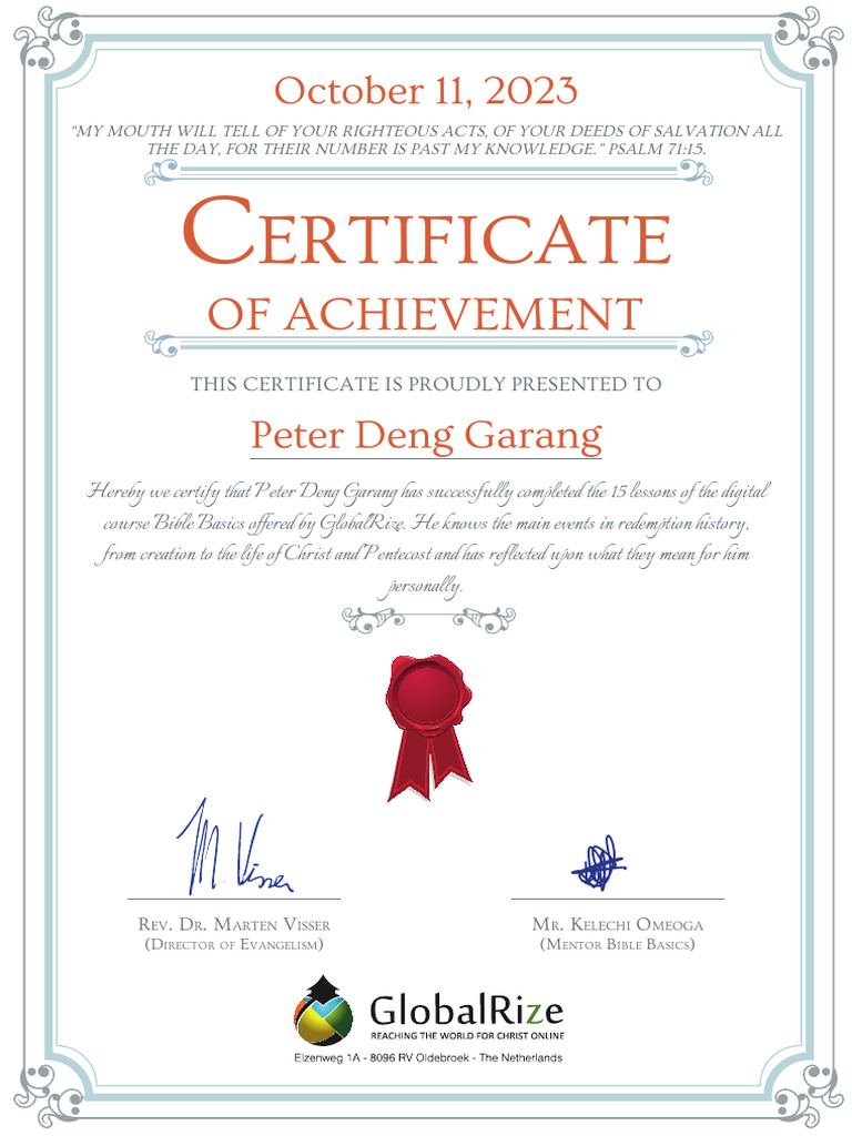 Certificate of Achievement Bible Basics Peter Deng Garang | PDF