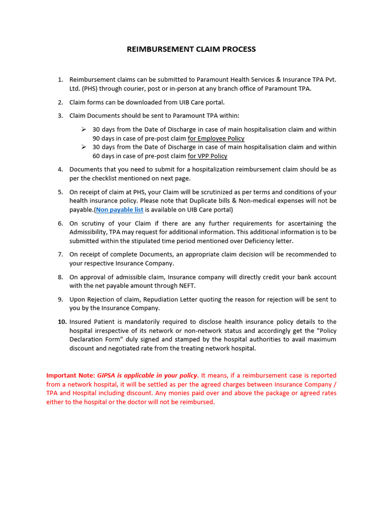 Paramount TPA Reimbursement Process Guide | PDF | Receipt | Cheque