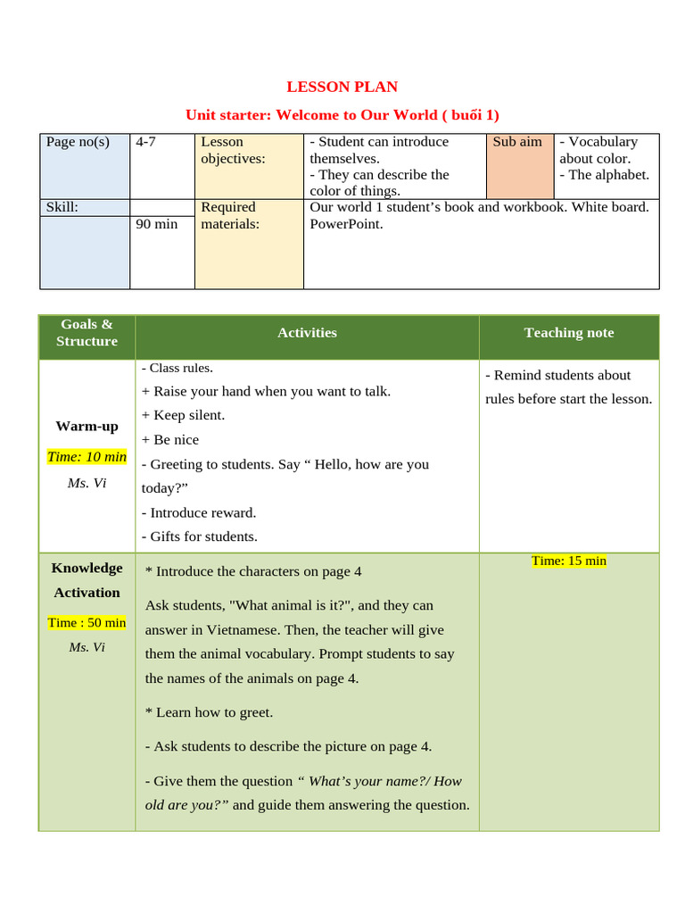 LESSON PLAN 1 OW1 Unit Starter | PDF
