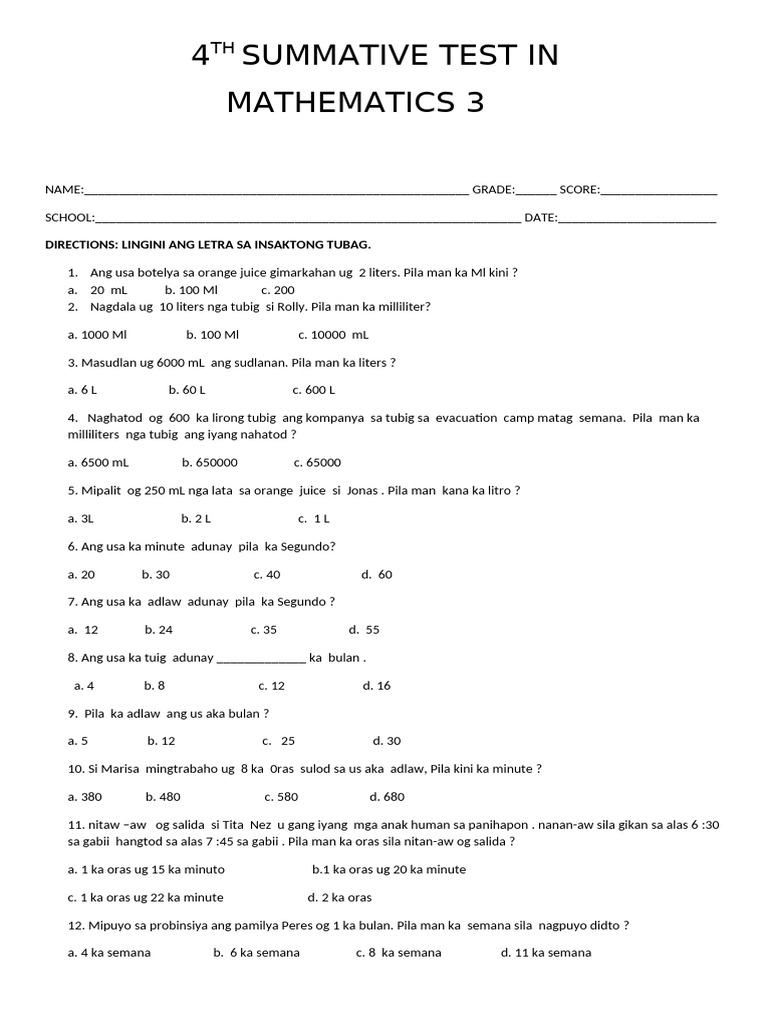 4TH Summative Test in Mathemaics 3 | PDF