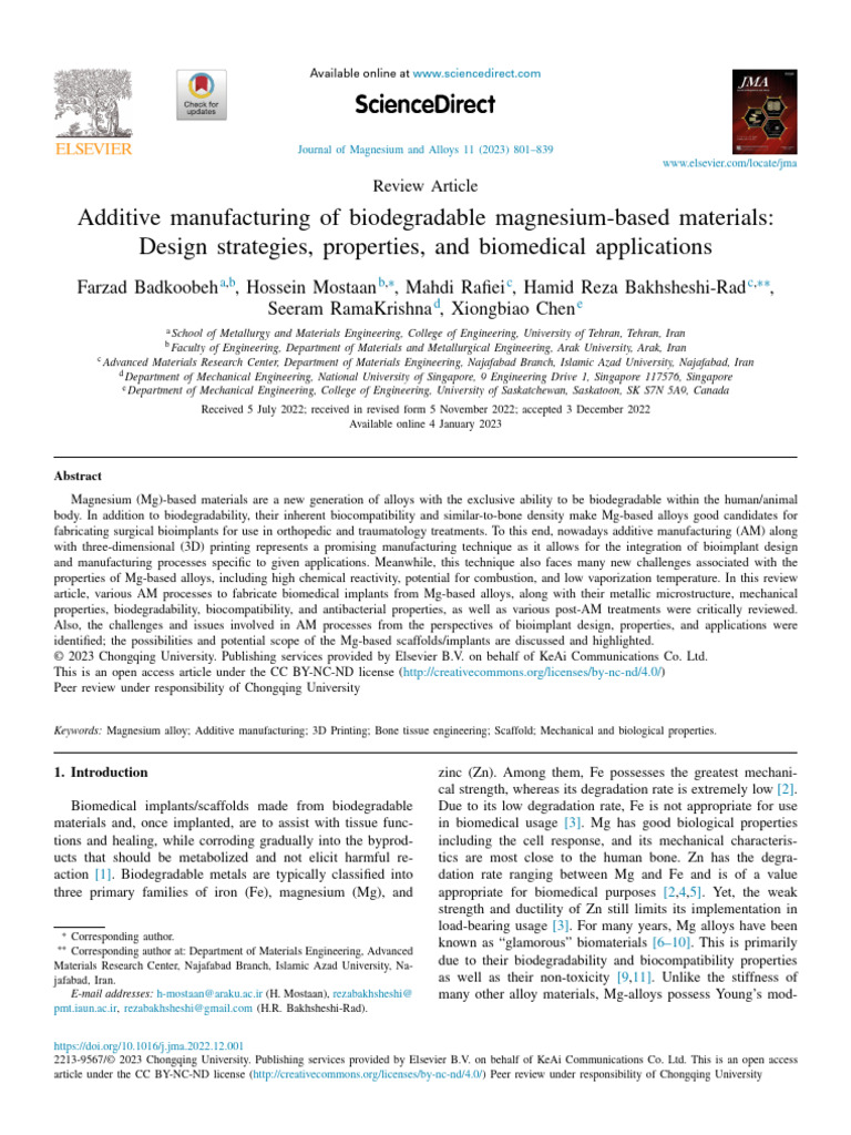 Additive Manufacturing of Biodegradable Magnesium Based M 2023 Journal of Ma | PDF