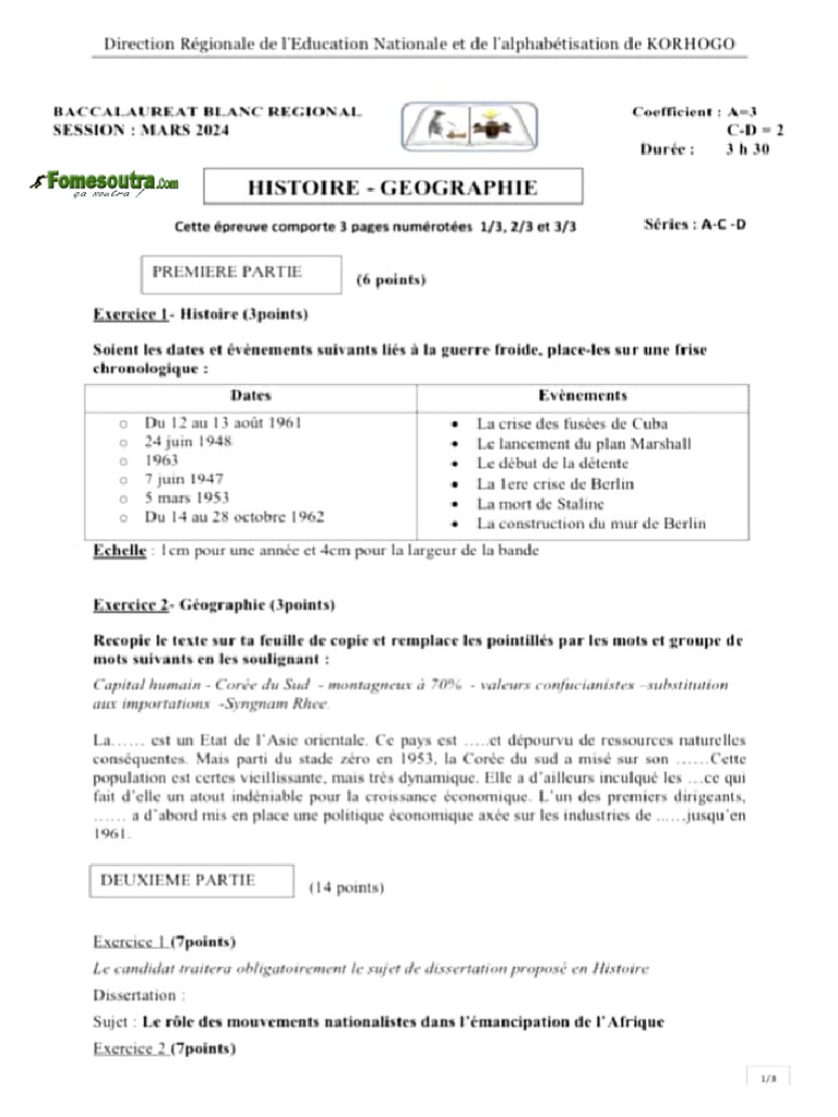 Bac Blanc Régional 2024 HG Série ACD Sujet+Barème Dren Korhogo | PDF