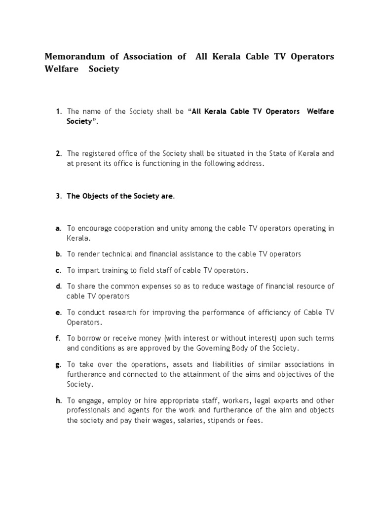 Memorandum of Society | PDF | Secretary | Welfare