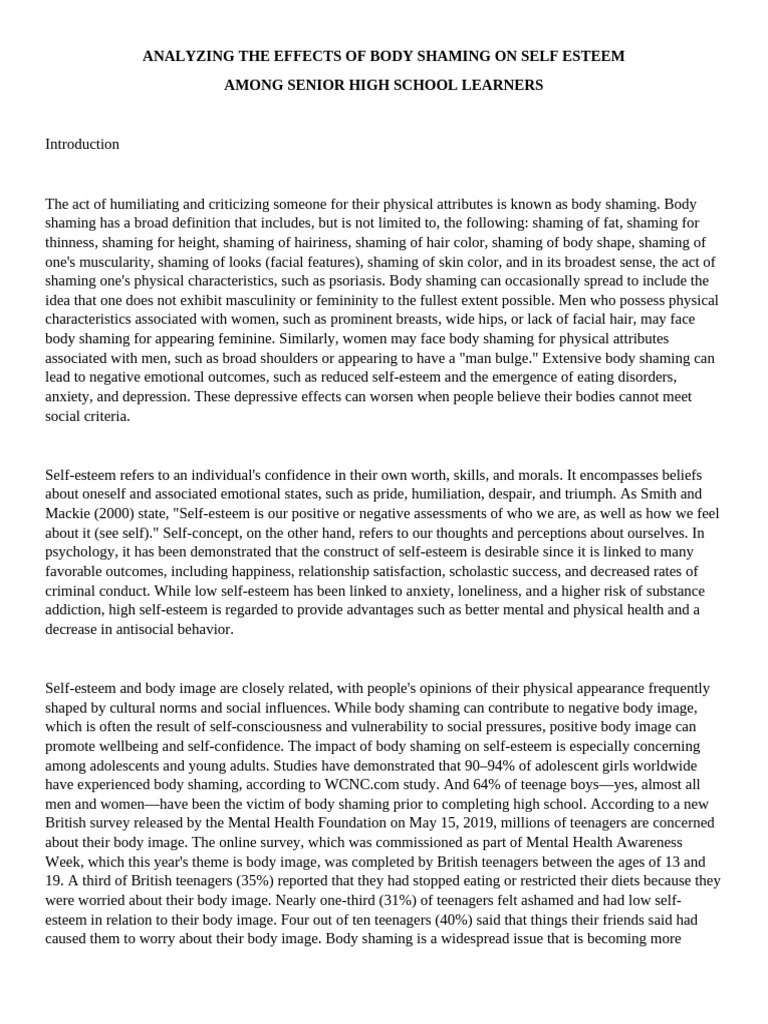 Analyzing The Effects of Body Shaming On Self Esteem | PDF | Body Image | Adolescence