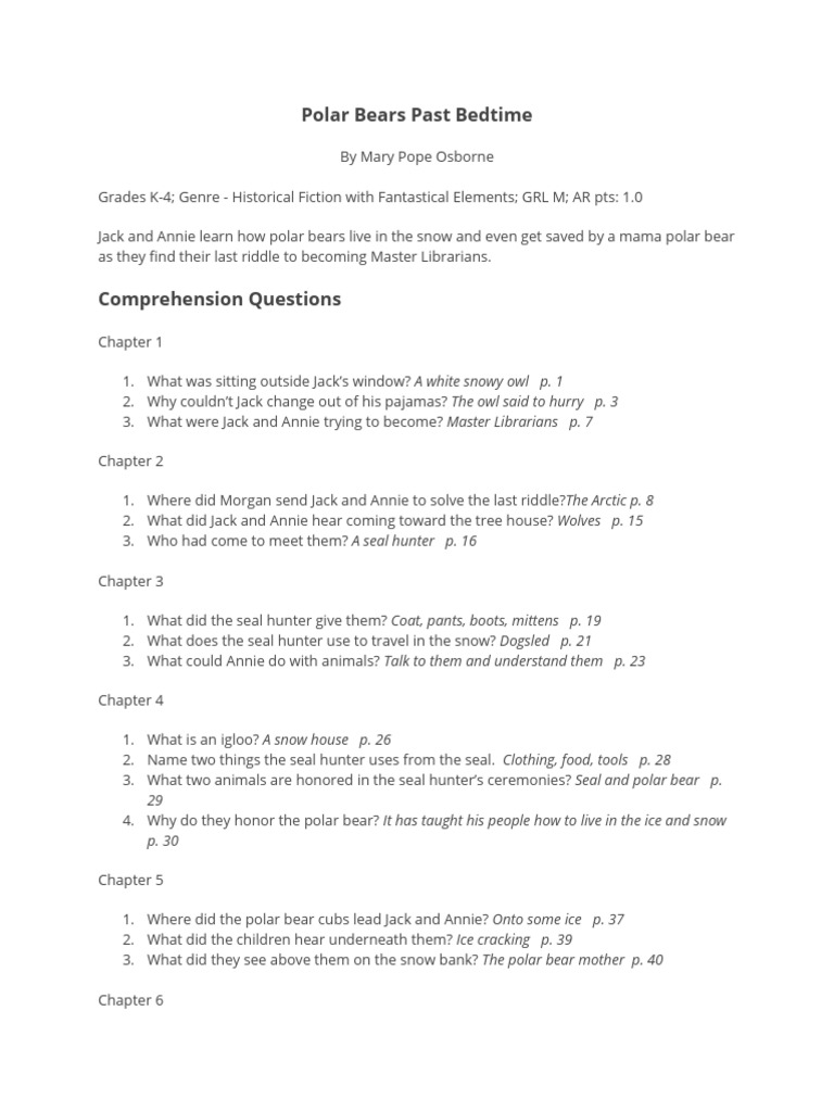 Polar Bears Past Bedtime - Comprehension Questions With Answer | PDF ...