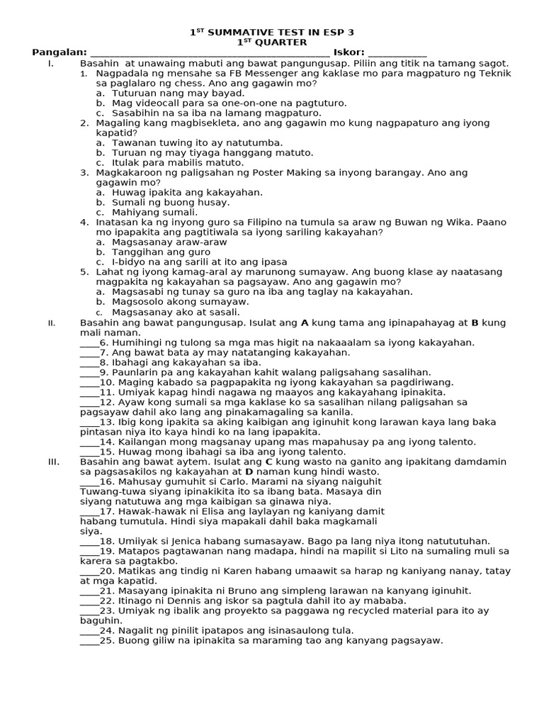 1ST Sum Esp3 Q1 Tos | PDF