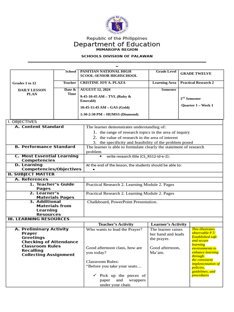 Daily Lesson Plan AUGUST 2024 | PDF