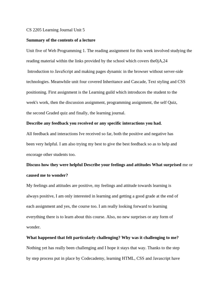 CS 2205 Learning Journal Unit 5 Sec | PDF