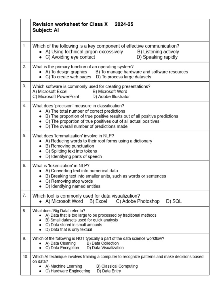 p2 Revision Worksheet For Class X Artificial Intelligence X 27-08-2024 | PDF