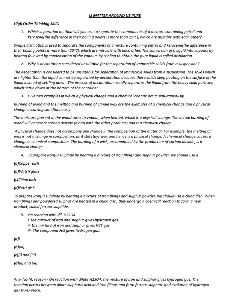 Matter Pure Science Rest Questions | PDF | Chemical Substances ...