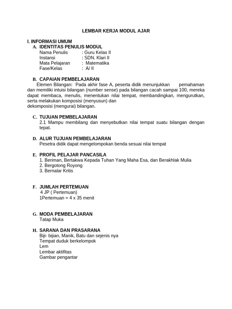 Lembar Kerja Modul Ajar Kelas II | PDF