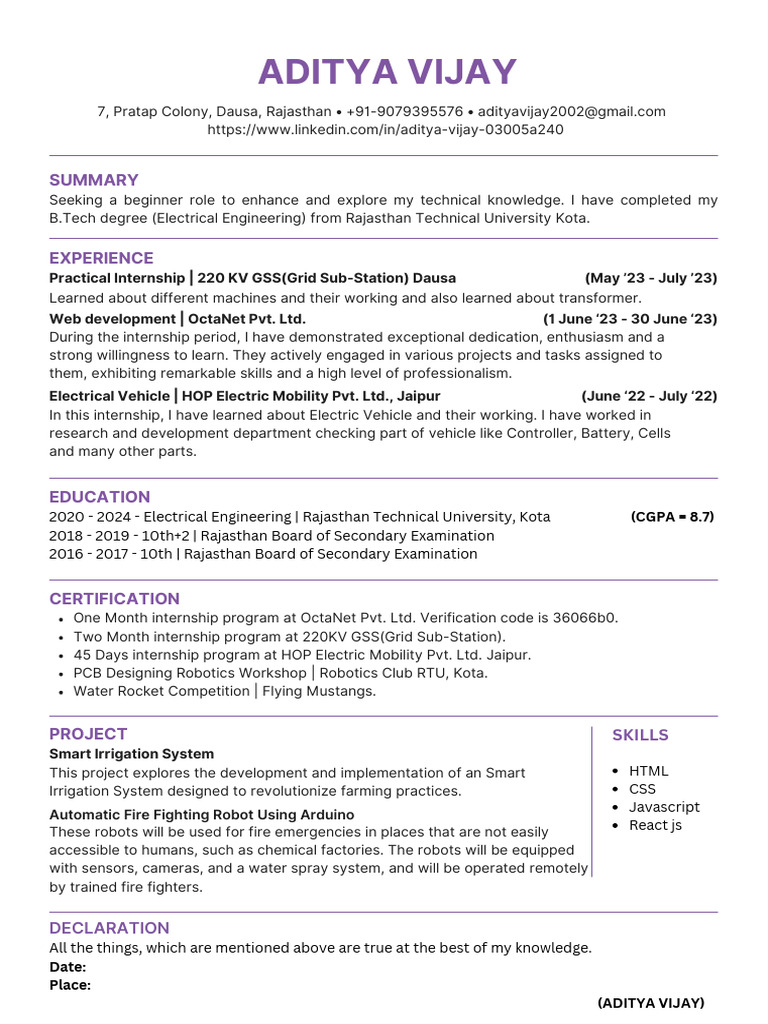 Resume Aditya Vijay | PDF