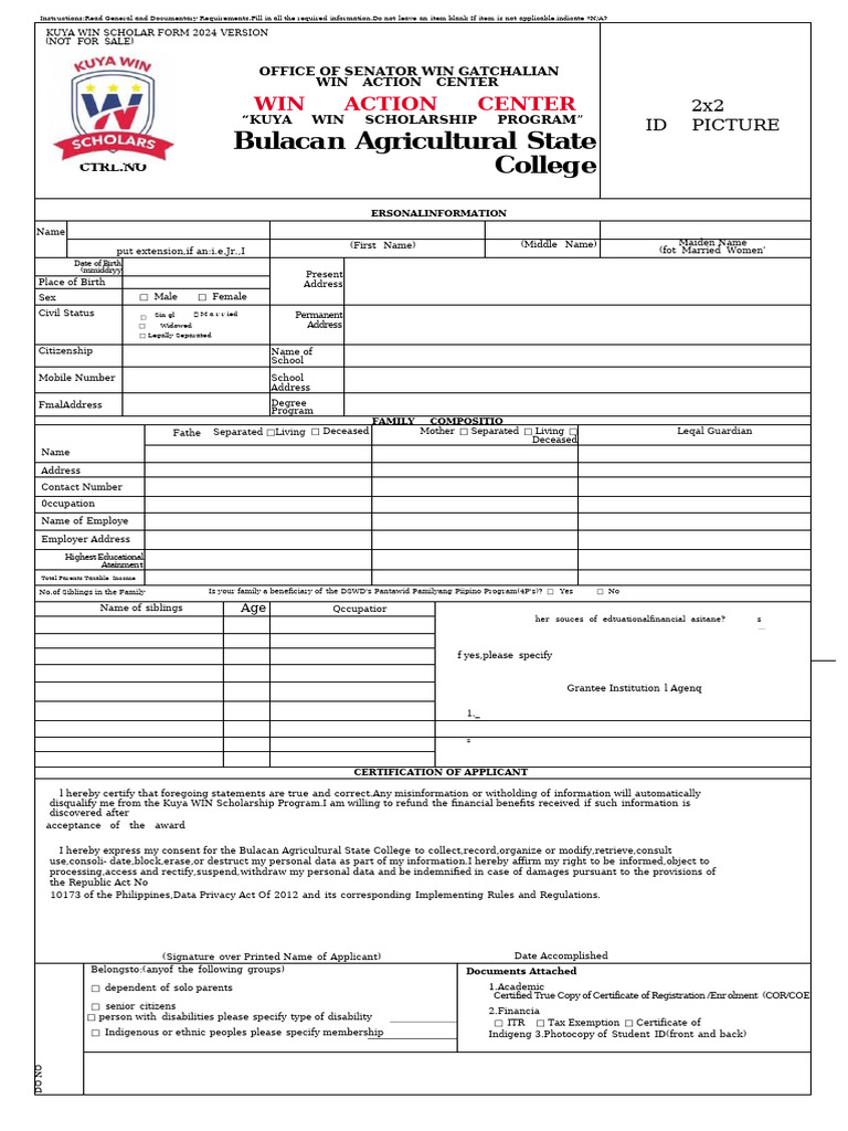 Kuya WIN Scholar Form - Bulacan Agricultural State College | PDF