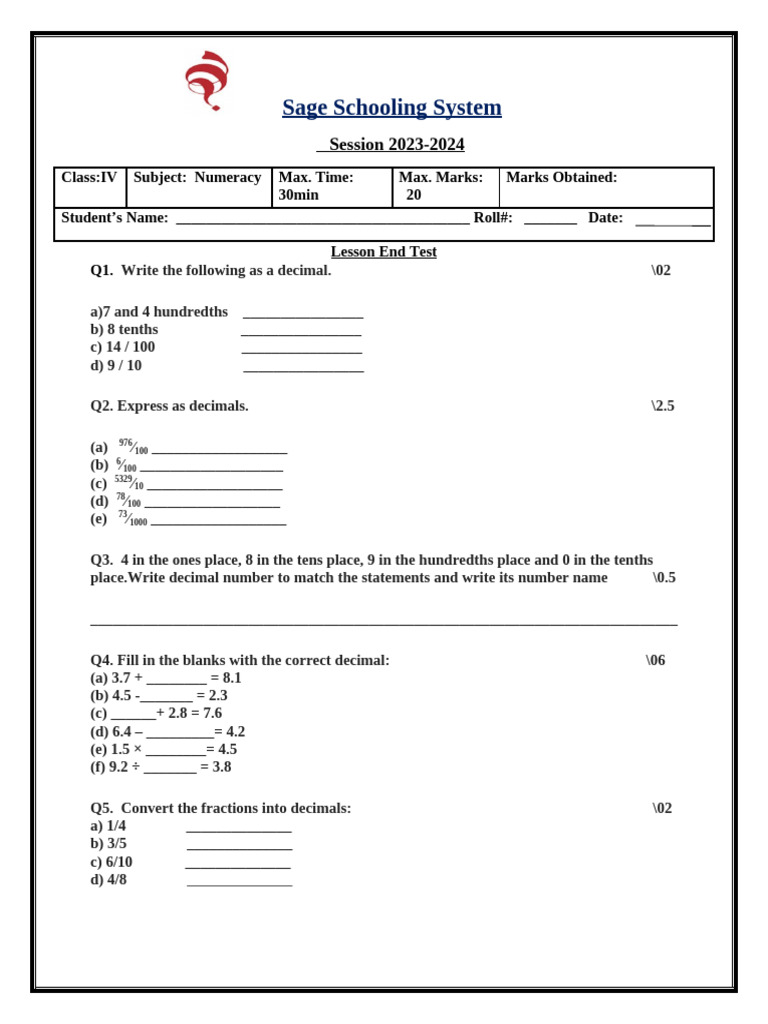 Class 4 Paper Maths March | PDF