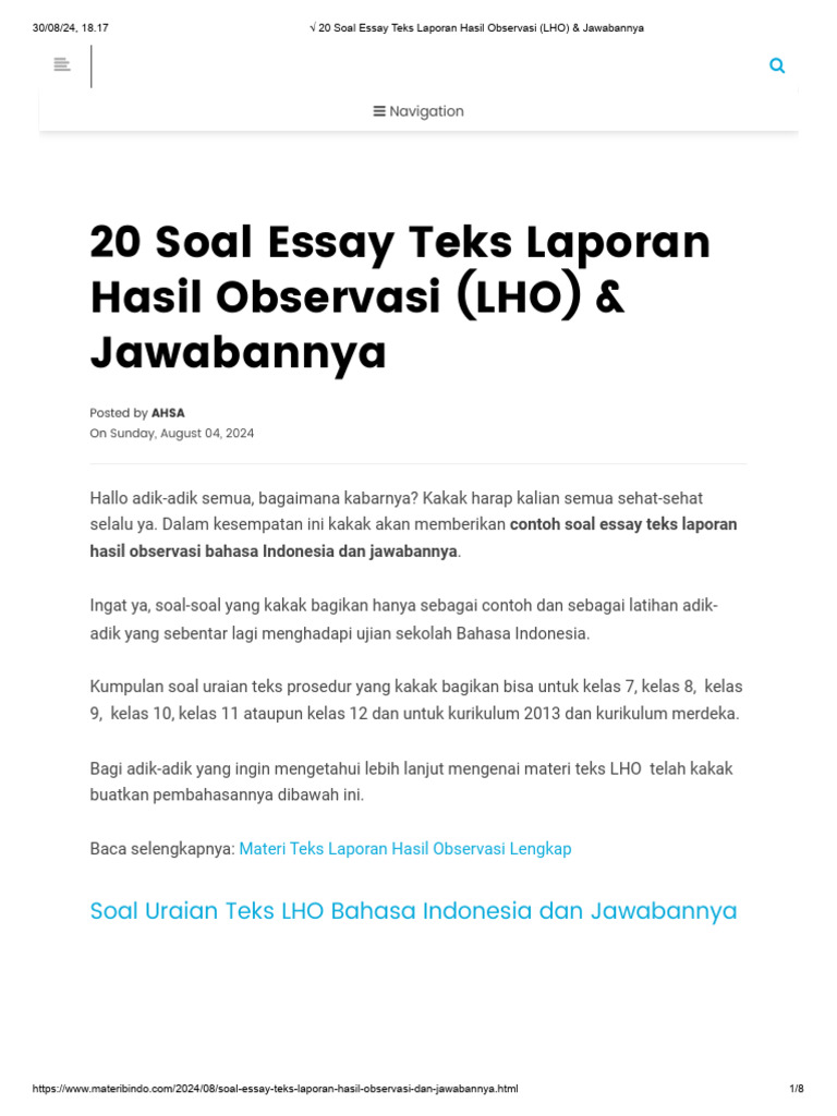 Soal Essay Teks Laporan Hasil Observasi | PDF