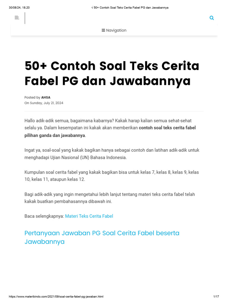 50+ Contoh Soal Teks Cerita Fabel PG Dan Jawabannya | PDF