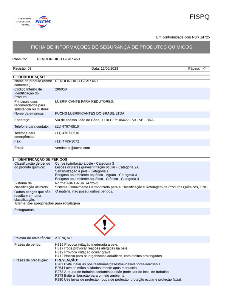 Renolin High Gear 460 - Fispq GHS | PDF | Occupational Safety And ...