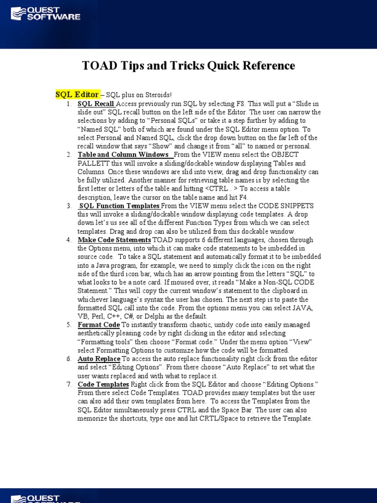 TOAD Tips - Quick Reference | PDF | Icon (Computing) | Sql