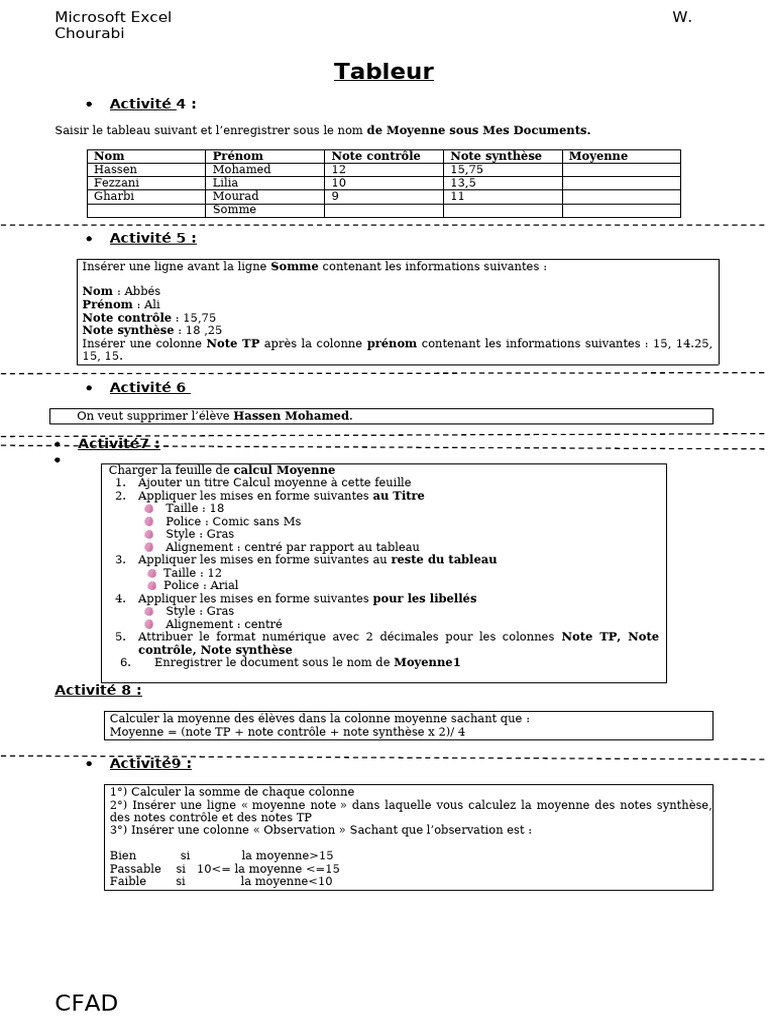 Tableur Activité | PDF