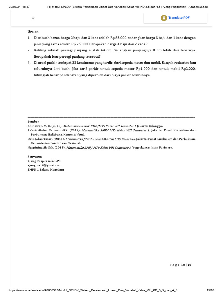 Modul SPLDV (Sistem Persamaan Linear Dua Variabel) Kelas VIII KD 3.5 ...