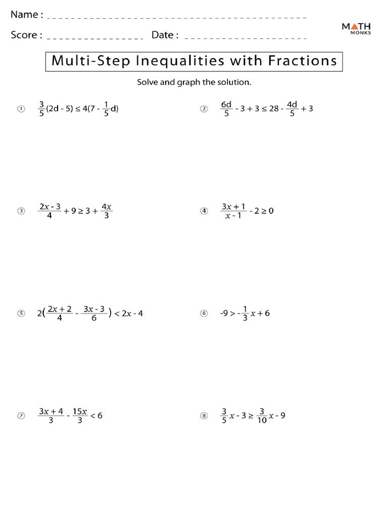 Multi Step Inequalities With Fractions Worksheet | PDF