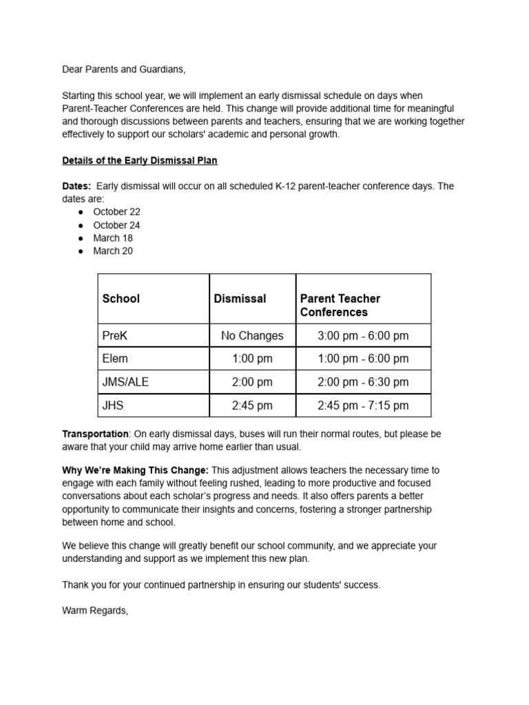 Early Dismissal Plans | PDF