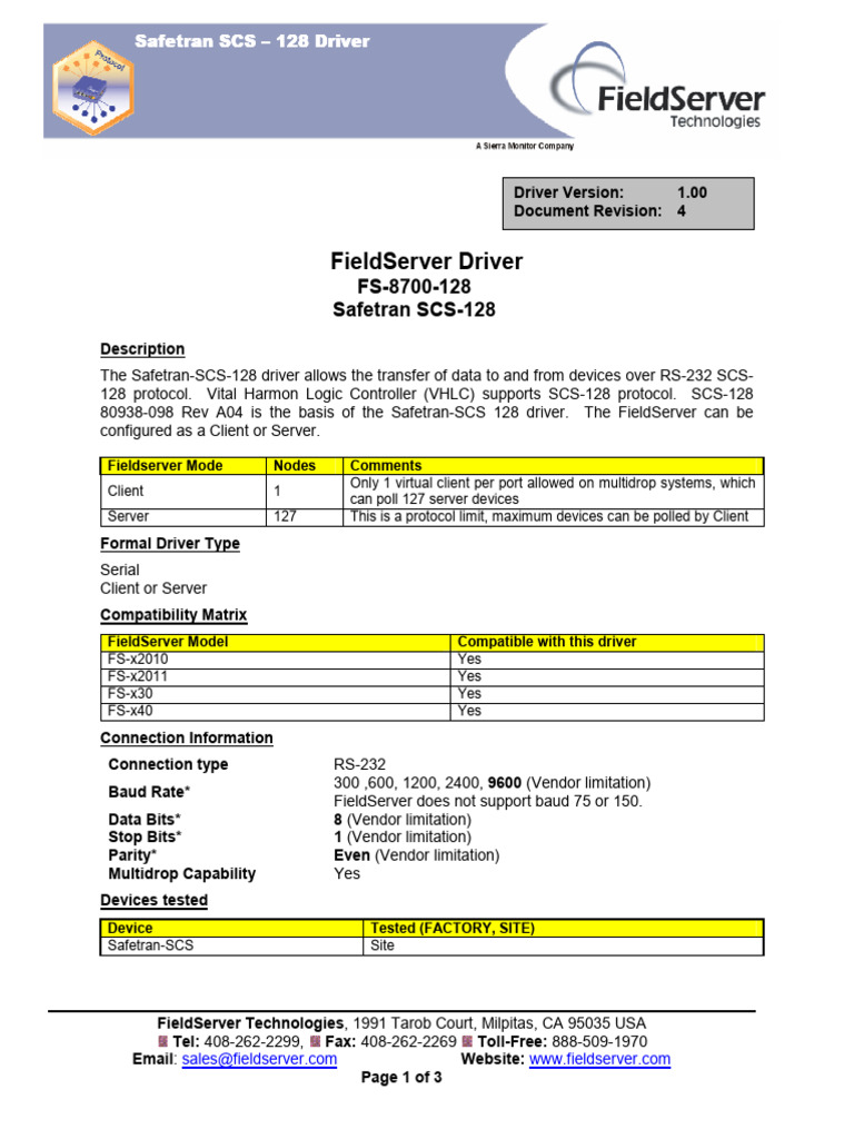 FS Driver Fact Sheet Safetran SCS 128 | PDF