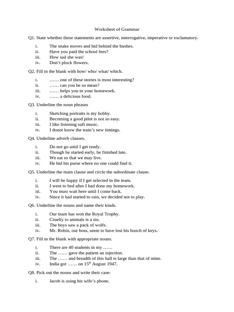 Worksheet of Grammar 7 | PDF | Clause | Language Mechanics