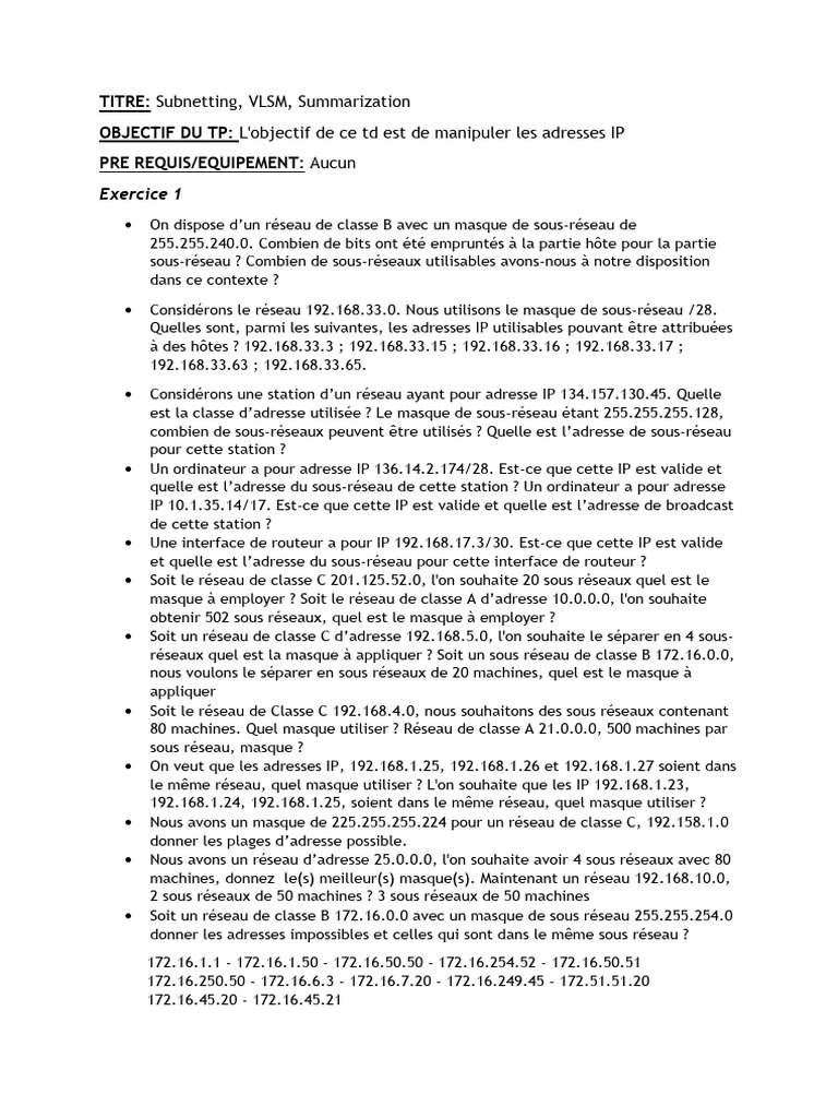 TP1 - Subnetting, VLSM, Summarization | PDF