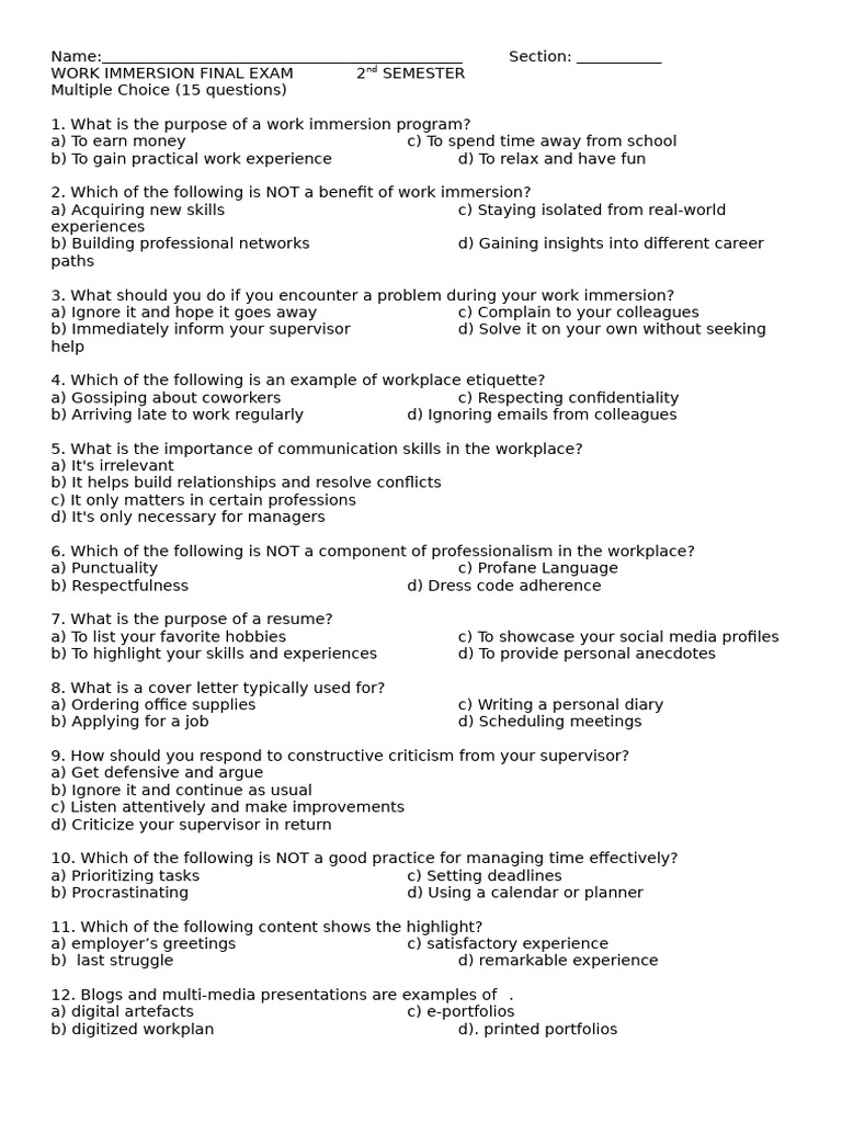Work Immersion Exam Sheet | PDF | Social Psychology | Human Communication