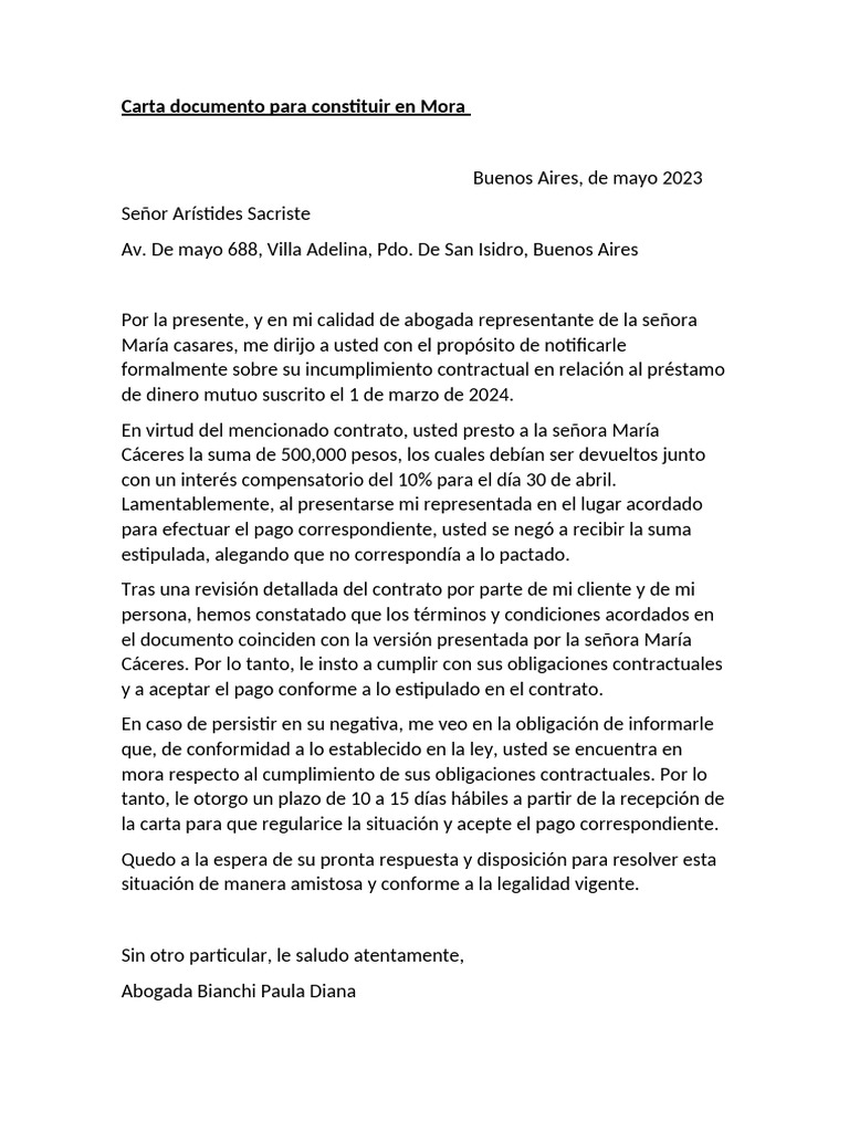 Carta Documento para Constituir en Mora | PDF
