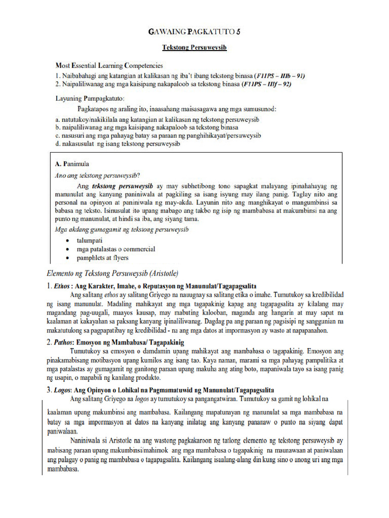 Tekstong Persweysib Pagbasa at Pagsusuri Students Copy 5 | PDF