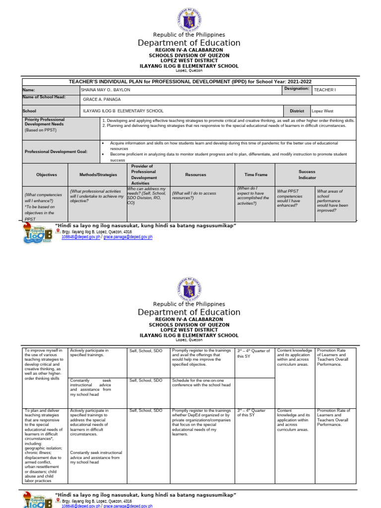 RPMS - 2021 2022 - INDIVIDUAL PLAN FOR PROFESSIONAL DEVELOPMENTddv | PDF