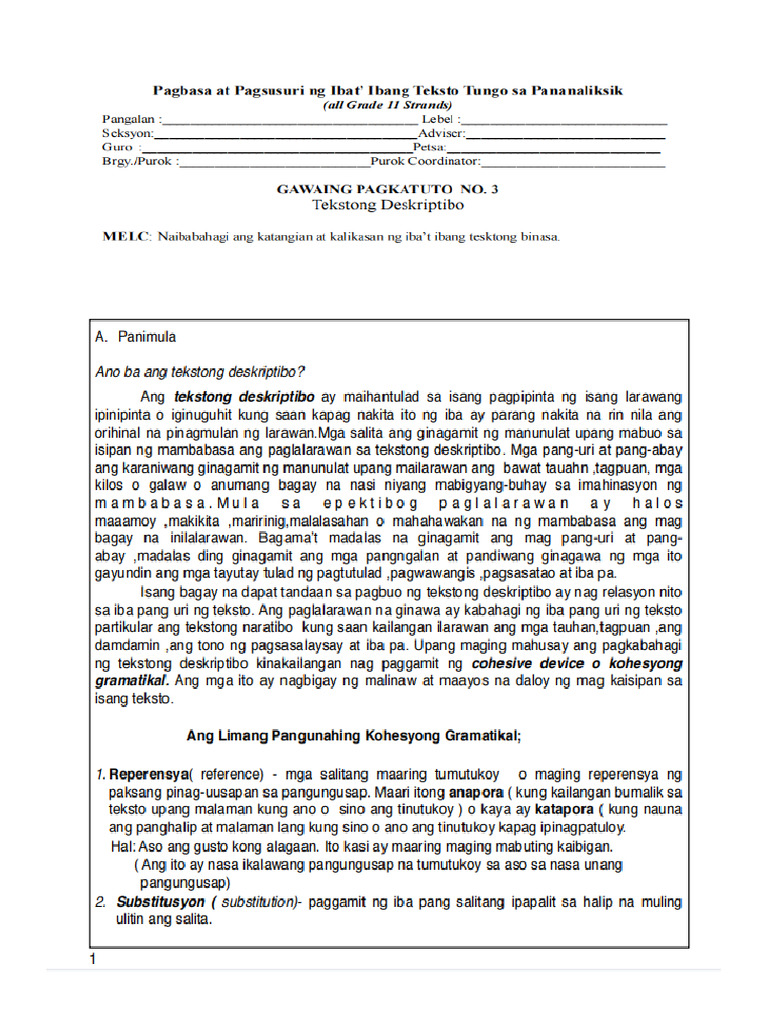 Tekstong Deskriptibo Pagbasa at Pagsusuri Students Copy 3 | PDF