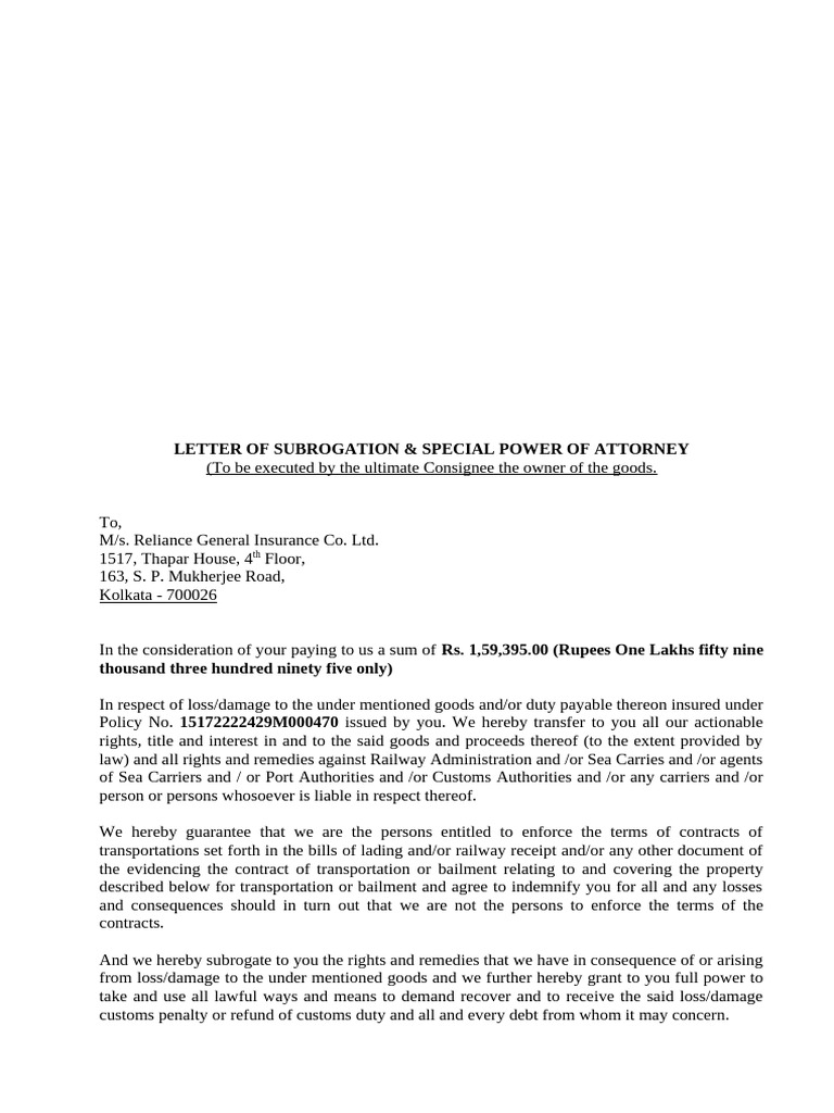 Subrogation Letter | PDF