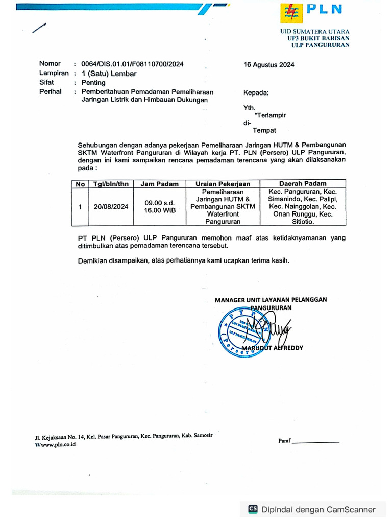 Surat Padam PLN Pangururan 20 Agus 24 | PDF