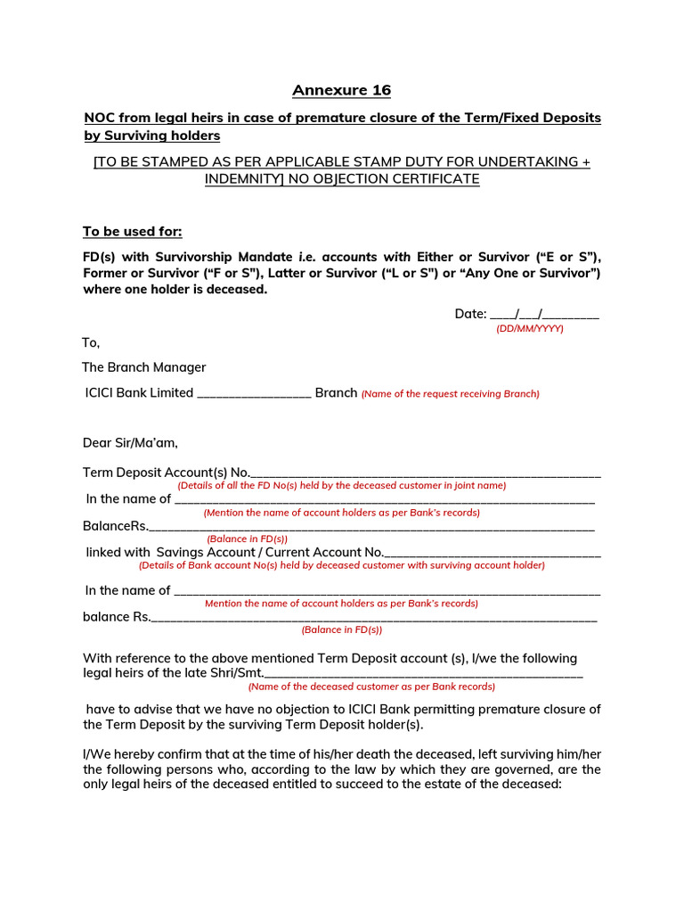 Annexure 16 Noc From The Legal Heir For Premature Closure of FD | PDF