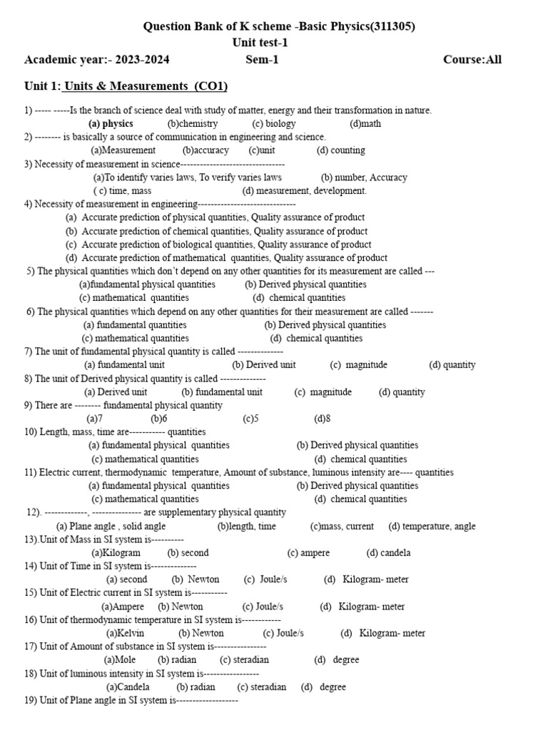311305-Basic Physics-Unit Test-1 050224 | PDF