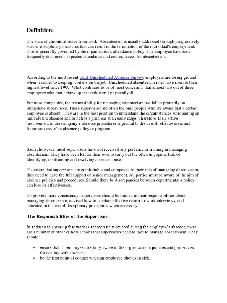 Definition:: CCH Unscheduled Absence Survey | PDF | Supervisor | Employment