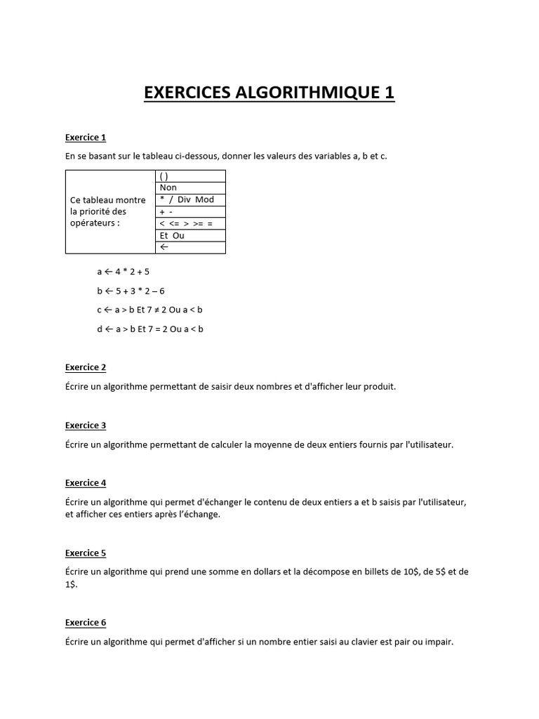 Exercices Algorithmique 1-1 | PDF