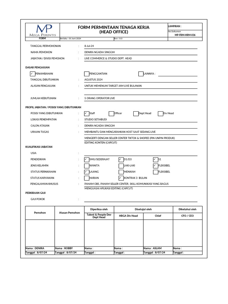 MP-FRM-HRM-036 Form Permintaan Tenaga Kerja Head Office | PDF