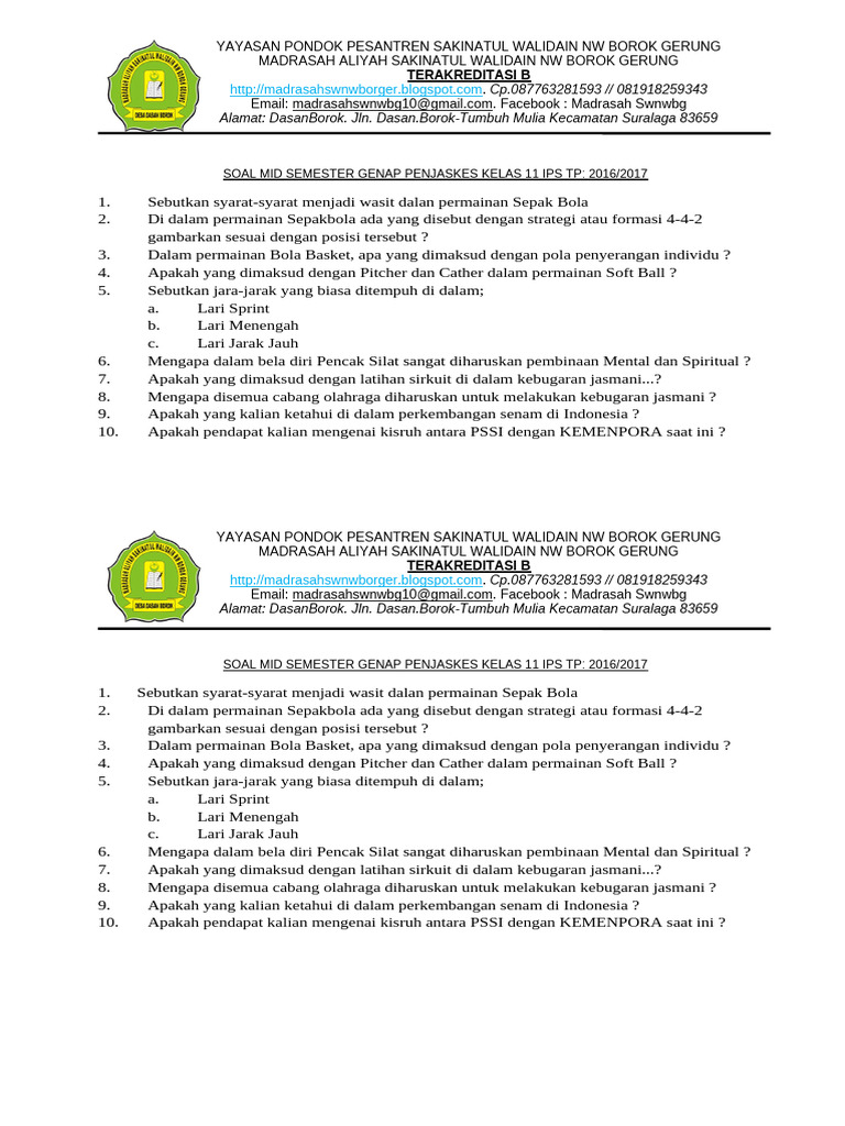 SOAL PENJASKES KLS 11 IPS | PDF